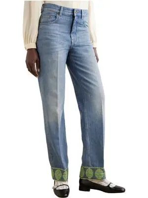 Valentino Garavani Metallic Jacquard-trimmed Straight-leg Jeans - Blue
