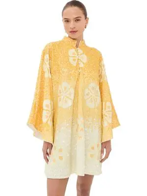 La Vie Style House Sequin Hawaiian Flower Mini Caftan - Yellow & White