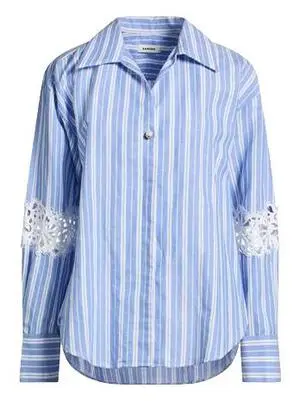Sandro Striped Cotton-linen Shirt With Lace Trims - Blue