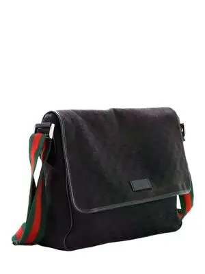 Gucci Web Strap Flap Messenger Gg Canvas Medium Crossbody Bag - Black