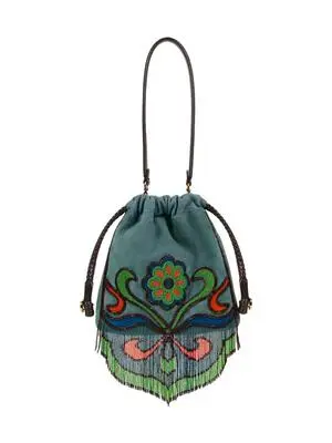 Etro Kalispera Beaded Fringed Bucket Bag - Blue