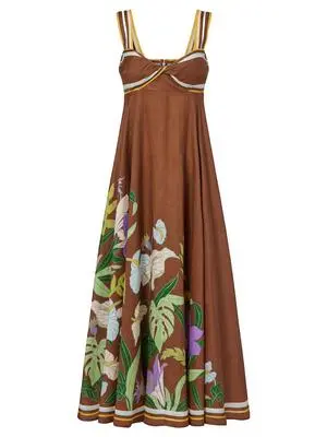 ALEMAIS Alfie Floral Linen Midi Dress - Brown
