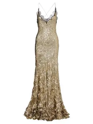 Roberto Cavalli Lace-trimmed Silk-blend Gown - Gold