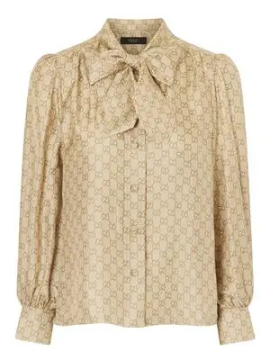 Gucci Printed Silk-twill Pussy-bow Blouse - Beige