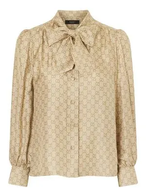 Gucci Printed Silk-twill Pussy-bow Blouse - Neutrals