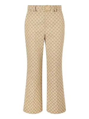 Gucci Belted Canvas-jacquard Bootcut Pants - Beige