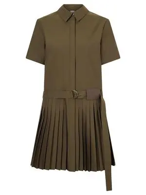 Loewe Belted Pleated Cotton-blend Mini Shirt Dress - Green