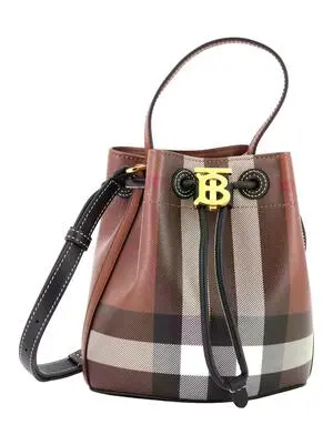 Burberry Tb Drawstring Check E-canvas Mini Bucket Bag - Brown