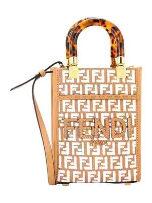 Fendi Sunshine Shopper Zucca Embroidered Raffia Mini Crossbody Bag Neutrals