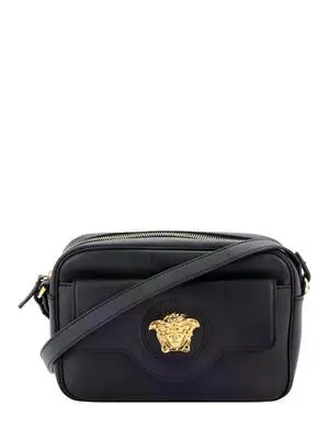Versace La Medusa Flap Pocket Camera Bag Leather Small Crossbody Bag - Black