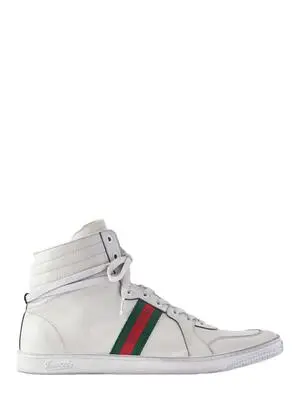 Gucci Distressed Webbing-trimmed Leather High-top Sneakers - White