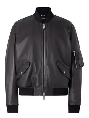 Dolce & Gabbana Padded Full-grain Leather Bomber Jacket - Black