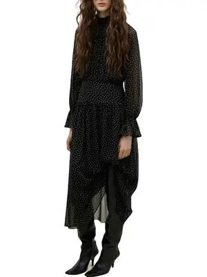 Mango Polka Dot Long Sleeve Midi Dress - Black