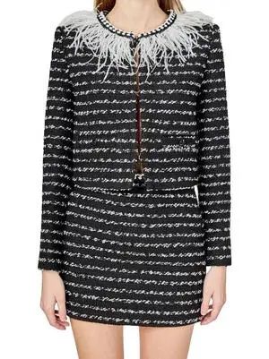 Endless Rose Feather Trim Tweed Jacket - Black
