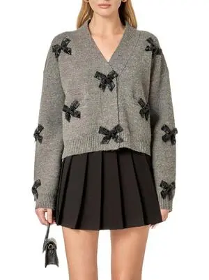 English Factory Beaded Bow Oversized Cardigan - Charcoal
