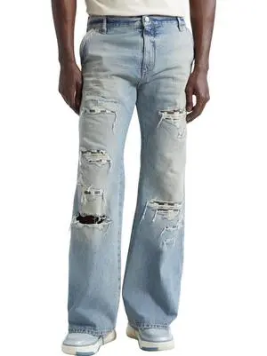 Amiri Checkered Rip & Repair Bootcut Jeans - Aged Indigo