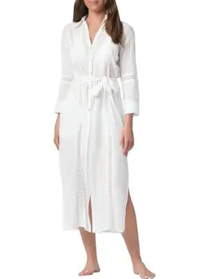 Helen Jon Eyelet Trim Long Shirt Dress - White