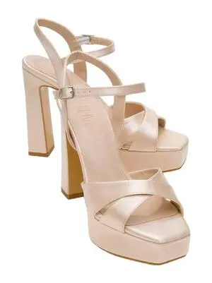 PROLOGUE SHOES Yulia Cross-strap Platform Heel Sandal - Beige Satin