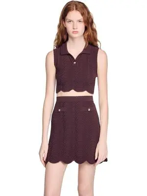 Sandro Cropped Knit Top With Polo Collar - Brown