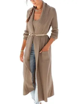 LASCANA LASCANA Long Knit Cardigan With Shawl Collar And Patch Pockets Camel
