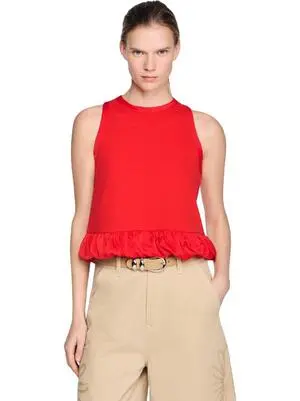 Sandro Ruffle Hem Cotton Top - Red