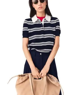 Maje Striped Polo Shirt With Rhinestone Collar - Ecru/navy Blue