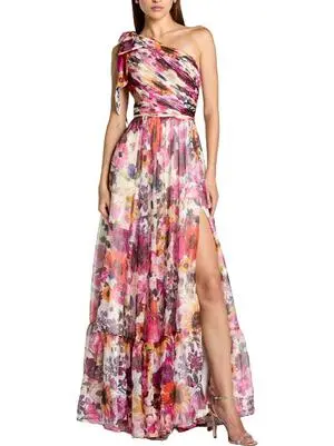 Mac Duggal Floral One-shoulder Chiffon Gown - White Multi