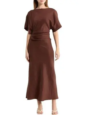 STAUD Amelie Ruched Waist Linen Blend Dress
