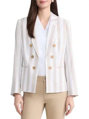 Jones New York Striped Double-breasted Linen-blend Blazer - Naturalstone/natural White