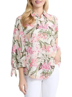 Jones New York Floral Tie-sleeve Button-up Shirt - White Sand Multi