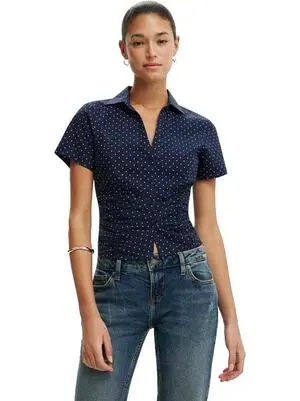 COTTON ON Maya Rouched Shirt - Lily Micro Polka Dot Navy