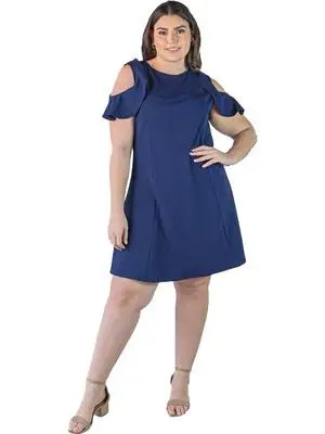 24SEVEN COMFORT APPAREL A-line Knee Length Cold Shoulder Dress - Navy