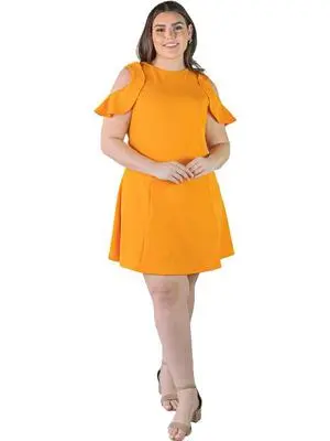 24SEVEN COMFORT APPAREL A-line Knee Length Cold Shoulder Dress - Peach