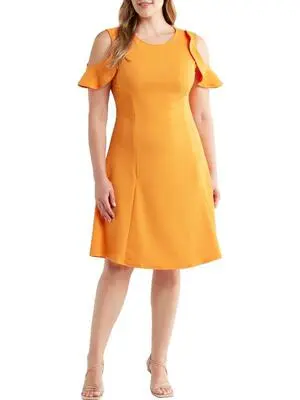 24SEVEN COMFORT APPAREL Ruffle Cold Shoulder A-line Dress - Peach
