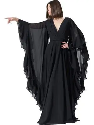 LE FAFO Luna Ruffles Sleeves Chiffon Maxi Dress - Black