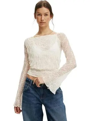 COTTON ON Sofia Lace Long Sleeve Top - Sand White Lace