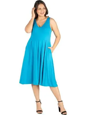 24SEVEN COMFORT APPAREL Sleeveless Fit And Flare Midi Pocket Dress - Turquoise