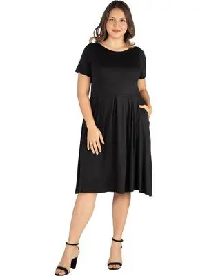24SEVEN COMFORT APPAREL Short Sleeve Midi Length Skater Dress With Pockets - Black