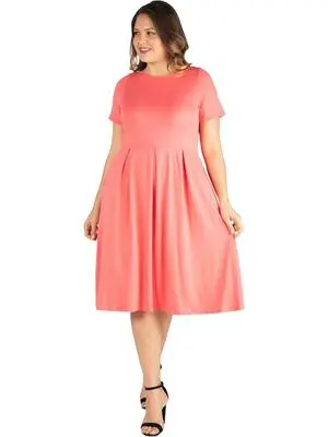 24SEVEN COMFORT APPAREL Short Sleeve Midi Length Skater Dress With Pockets - Coral