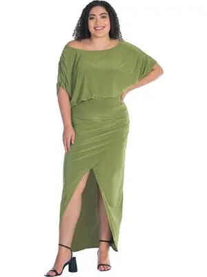 24SEVEN COMFORT APPAREL Boat Neck Batwing Sleeve Slit Maxi Dress - Avocado