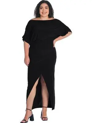 24SEVEN COMFORT APPAREL Boat Neck Batwing Sleeve Slit Maxi Dress - Black