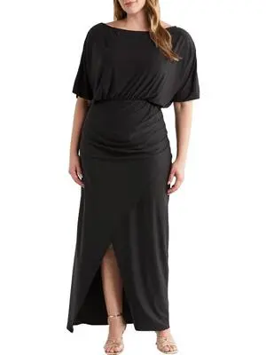 24SEVEN COMFORT APPAREL One-shoulder Batwing Sleeve Jersey Maxi Dress With Front Slit - Black