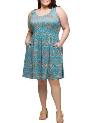 24SEVEN COMFORT APPAREL Filigree Print Fit & Flare Dress - Green Multi