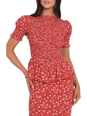 PETAL & PUP Floral Smocked Peplum Top - Red Floral