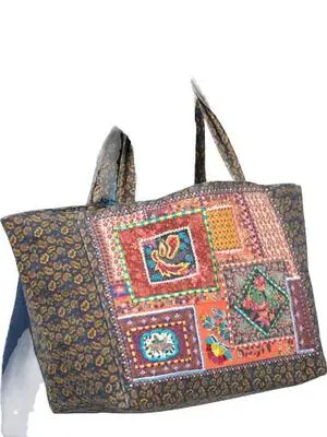 Vismaya Folklore Garden Patchwork Tote Bag - Black