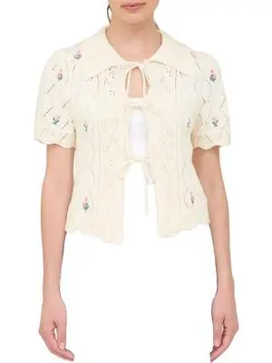 ZOE AND CLAIRE Floral Tie-front Cardigan - Cream