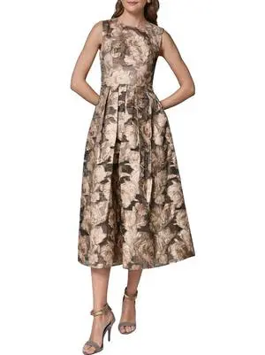 Donna Karan New York Floral Metallic Jacquard Cocktail Midi Dress - Snow Petal