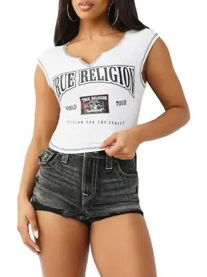 True Religion Graphic T-Shirt With Notch Neck Optic White
