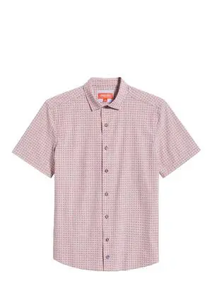 Johnston & Murphy Xc+™ Motion Geo Print Short-sleeve Performance Knit Button-up Shirt - Orange Quad Grid