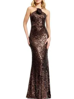 DRESS THE POPULATION Rosette Sequin Halter Gown